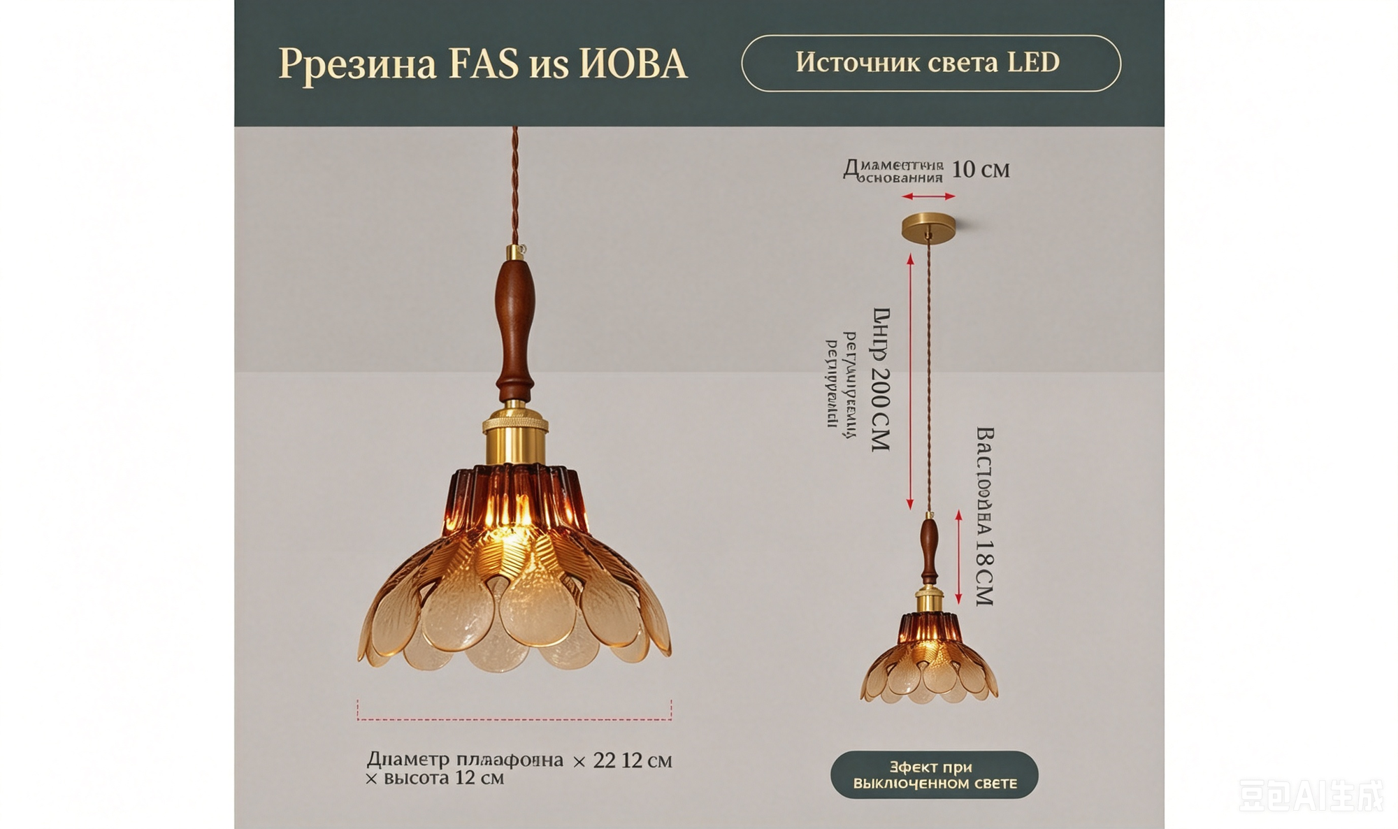Подвесная лампа со стеклом и натуральным деревом, латунный патрон E27, регулируемый шнур, LED лампа теплого