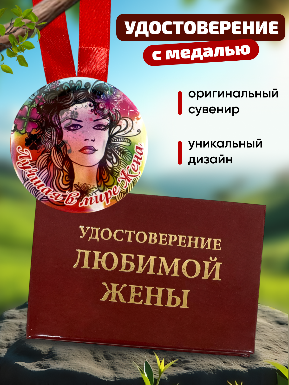 Прикольный набор Удостоверение шуточное " Любимой жены" + Медаль "Лучшая в мире жена", подарок жене