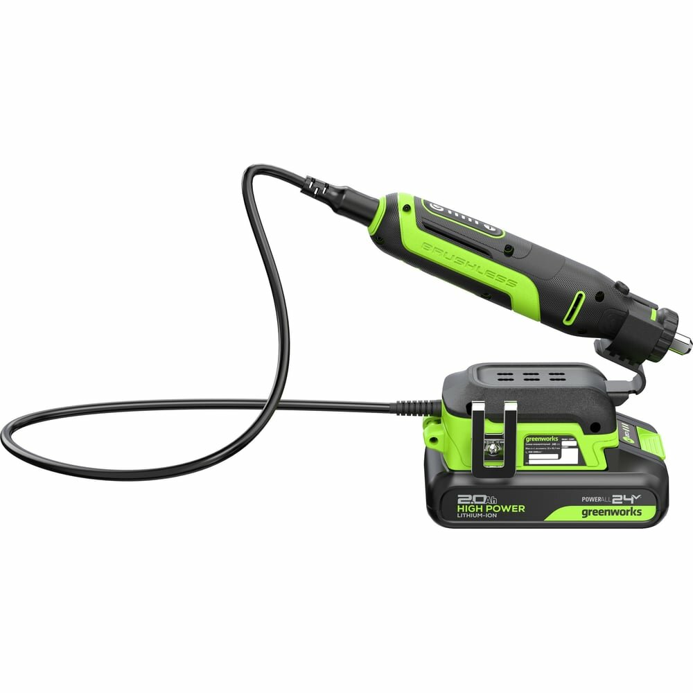 Гравер GreenWorks G24RT, 24V, б/щет, цанги 2.4/3.2мм, 6500–35000 об/мин, оснастка 52 шт, 1x2Ач, ЗУ, сумка, коробка 3200807VUA