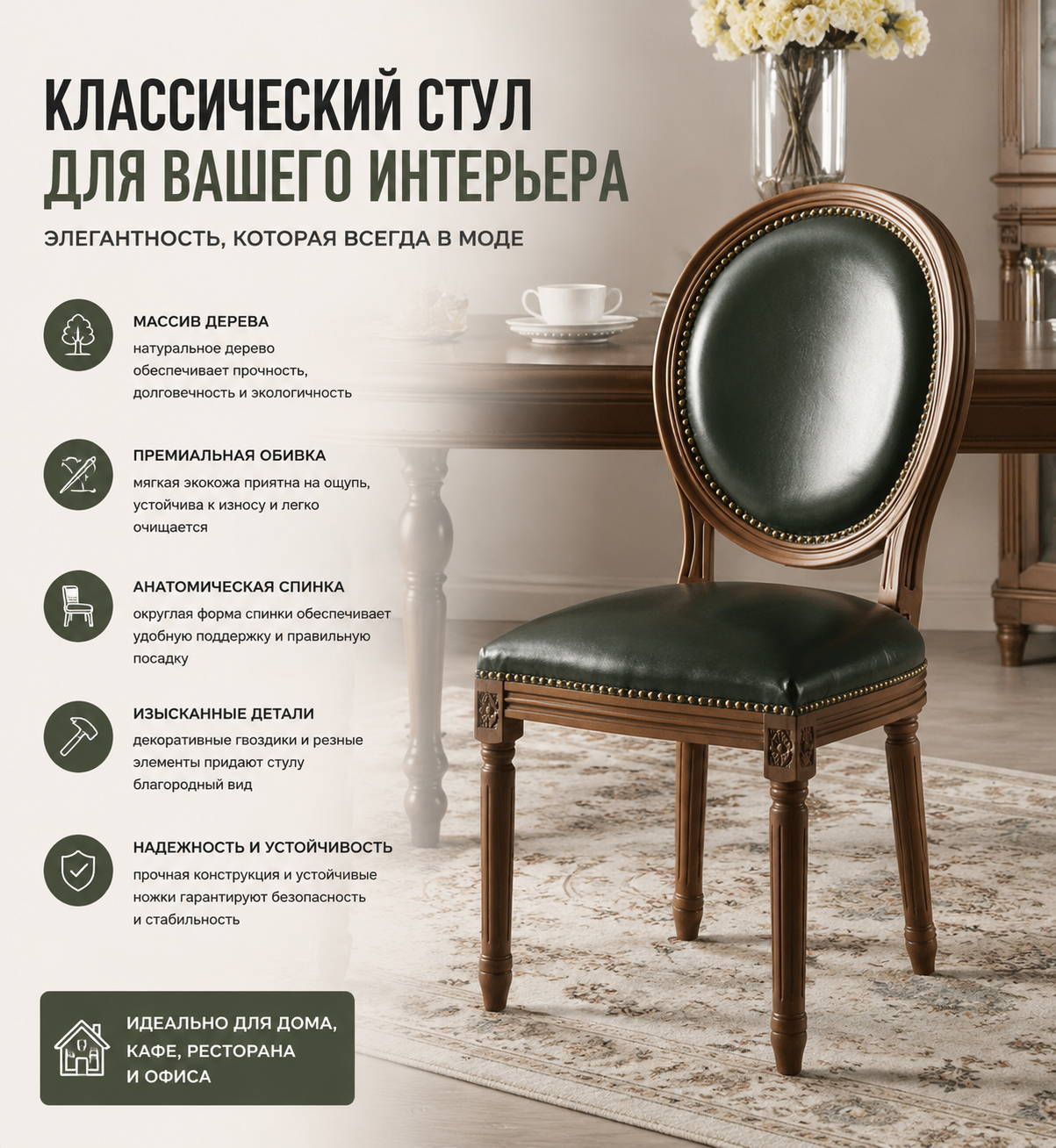 Стул, искусственный кожа/массив дерева, ортопедический, темно-зеленый