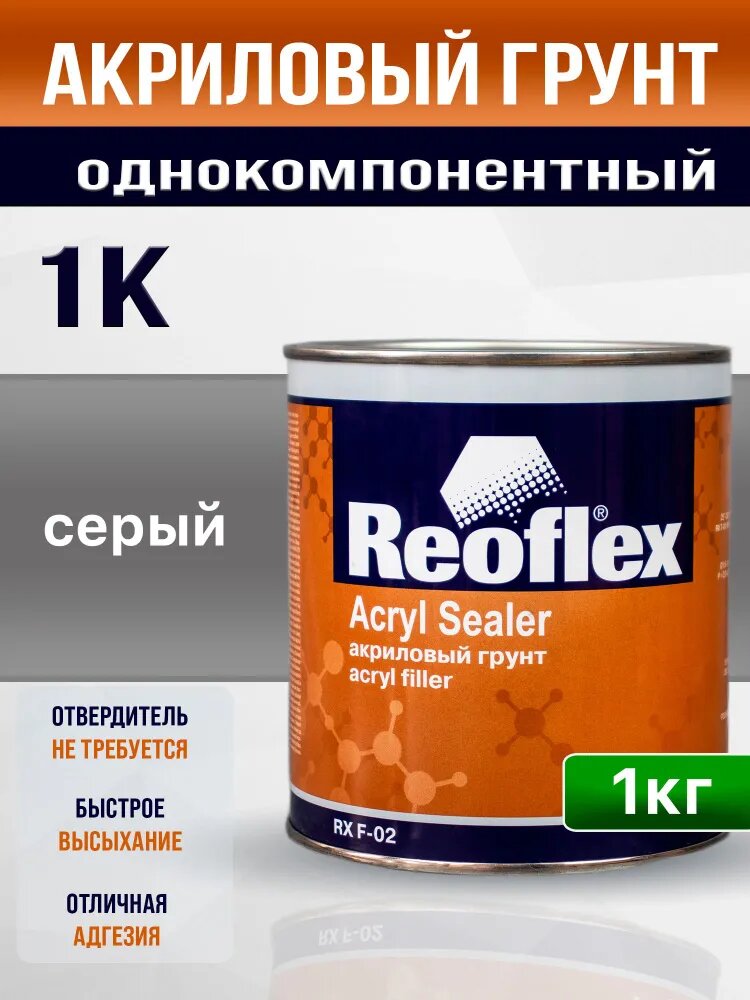 Грунт автомобильный акриловый однокомпонентный REOFLEX 1K ACRYL (1кг) серый наполнитель быстросохнущий (20 минут при 25С)