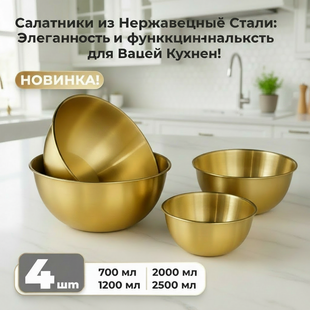 Золотые миски Shiny Kitchen 2.5 литра набор 4 шт нержавеющая сталь