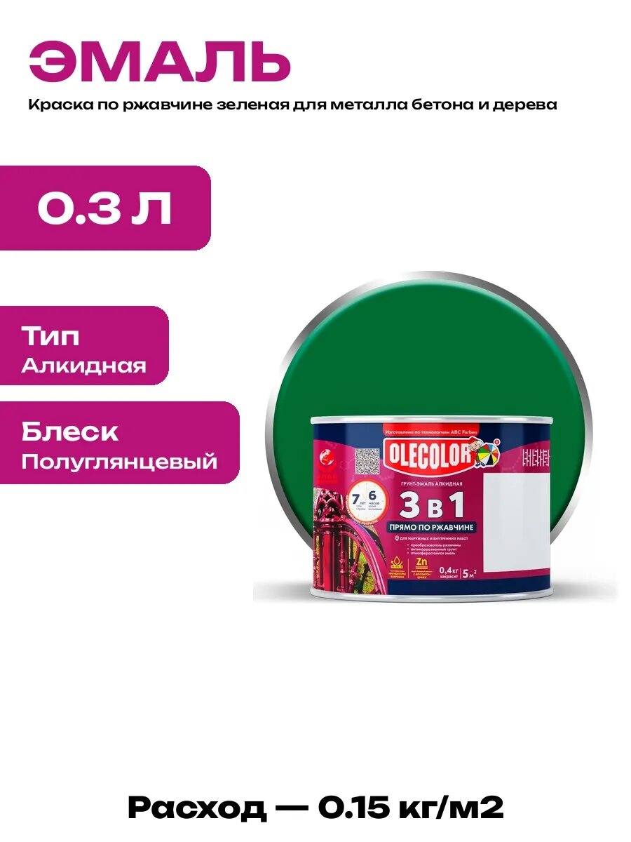 Грунт-эмаль по ржавчине 3 в 1 алкидная зеленая для металла