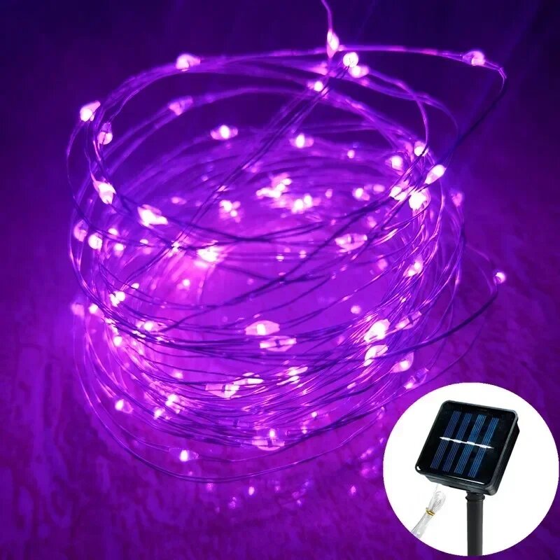 Фиолетовая гирлянда на солнечных батареях 12м, 100 LED, 8 режимов