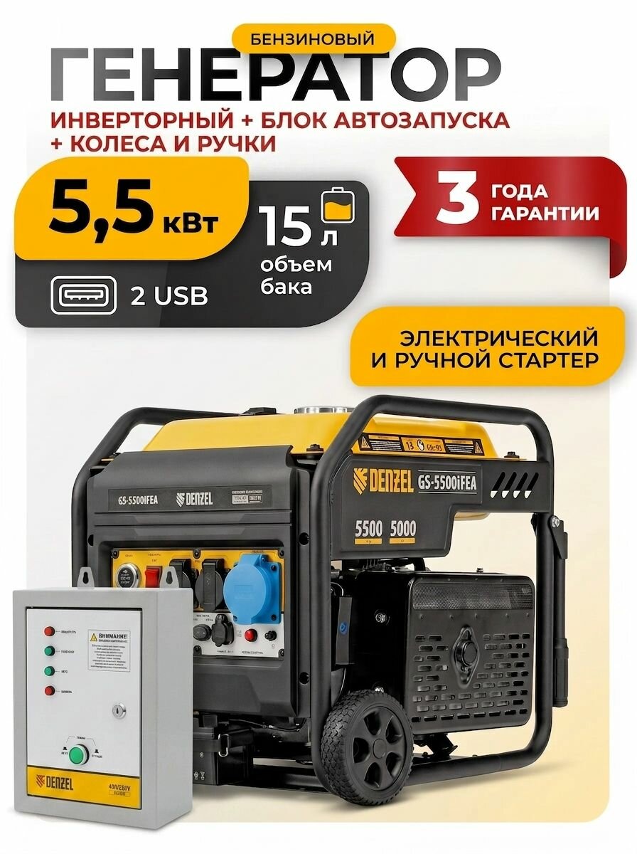 Генератор инверторный Denzel GS-5500iFEA, 5,5 кВт+ Блок автоматического запуска ENERGOMATIC GS-225+Транспортировочный комплект (колеса и ручки)