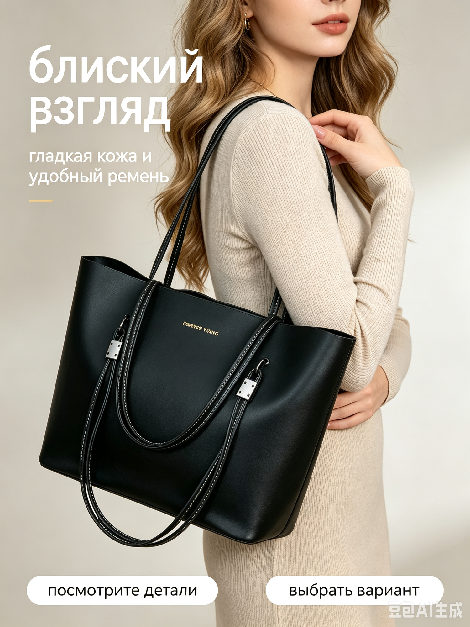 Сумка-шоппер F-MAX, экокожа, черная, с металлическими вставками, регулируемые ремни — фото 1