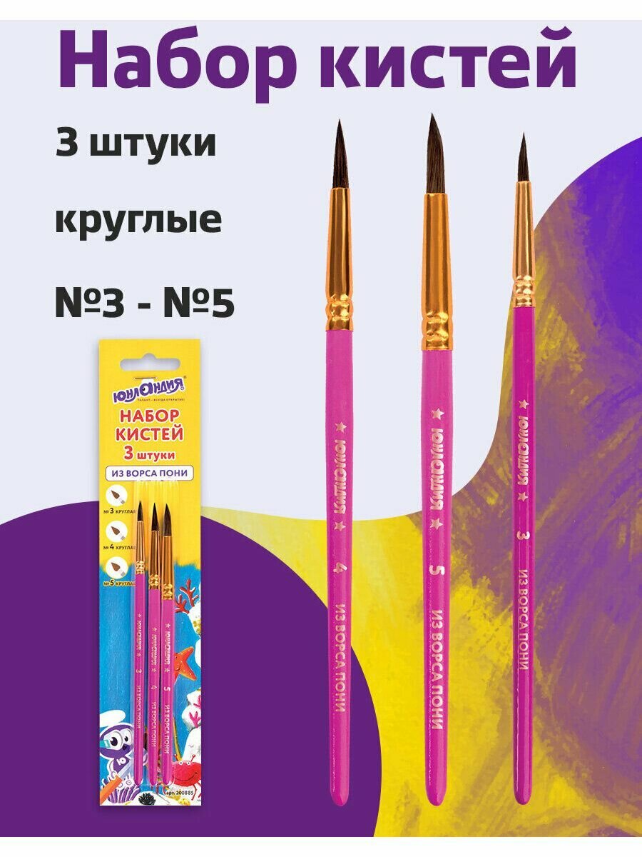 Кисти Юнландия, набор 3 шт. (пони: круглые № 3, 4, 5), блистер с европодвесом художественные для рисования