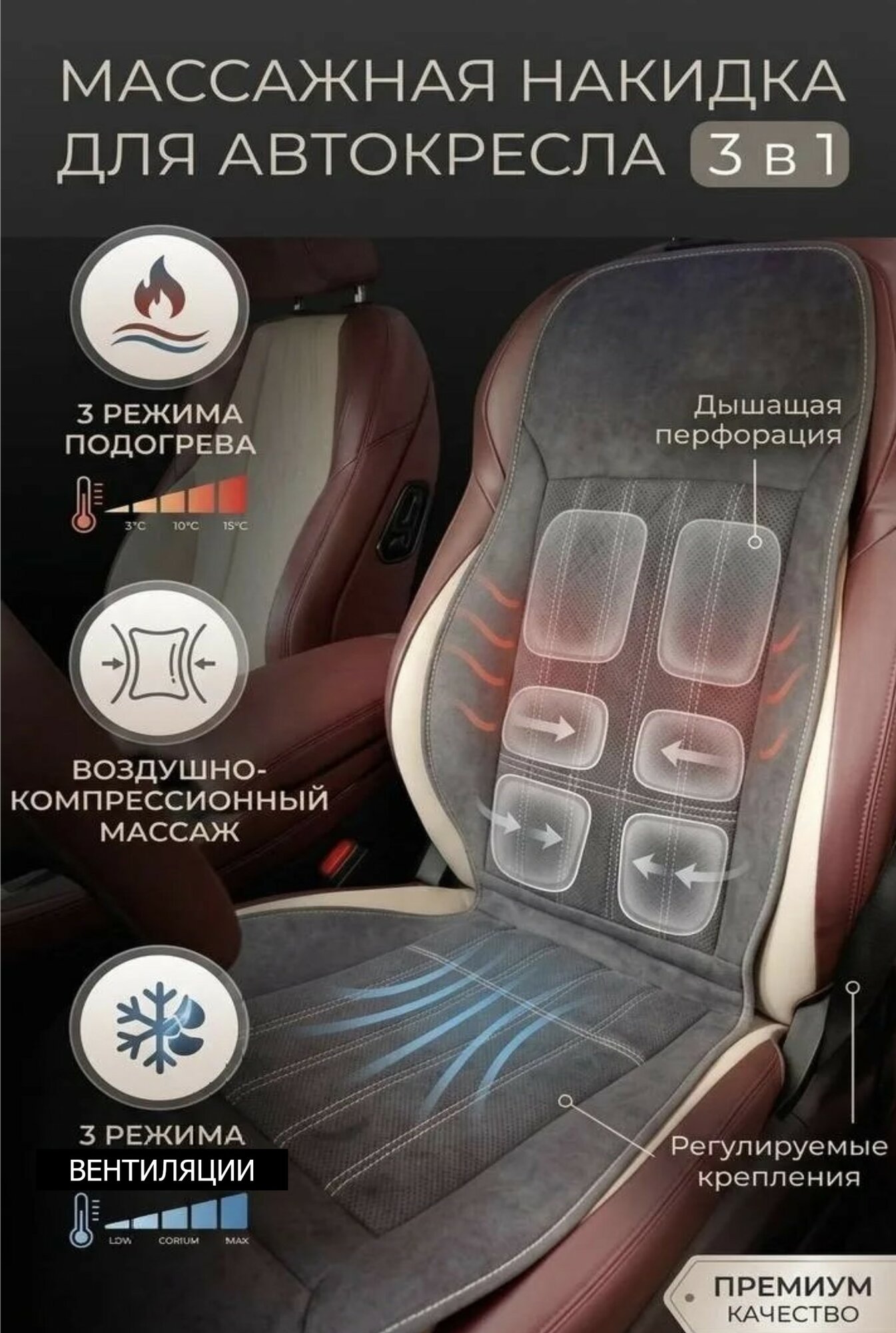 Накидка 3в1 массажная на сиденье авто с обогревом и обдувом