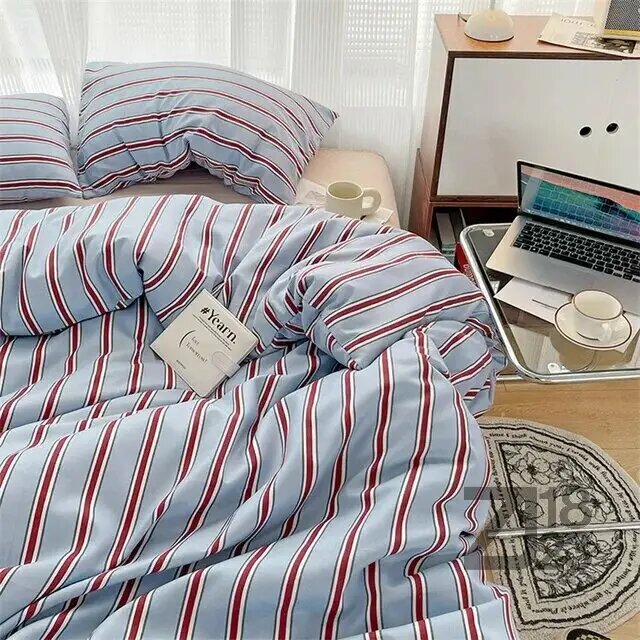 Комплект постельного белья Dreamreal из 100% хлопка в синюю полоску, односпальный, комплект из трех предметов