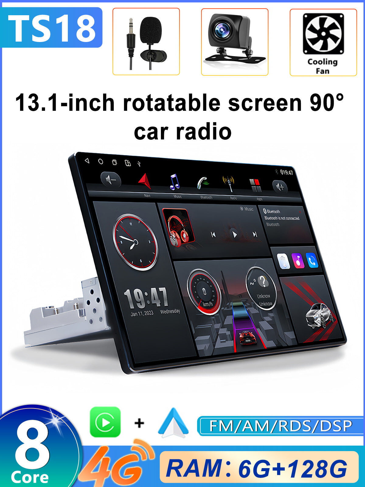 Магнитола 1 din android 13.1 дюймов 8-ядерный Android 13.0 автомобильный TS18 6+128G SIM-4G WiFi DSP AM/FM