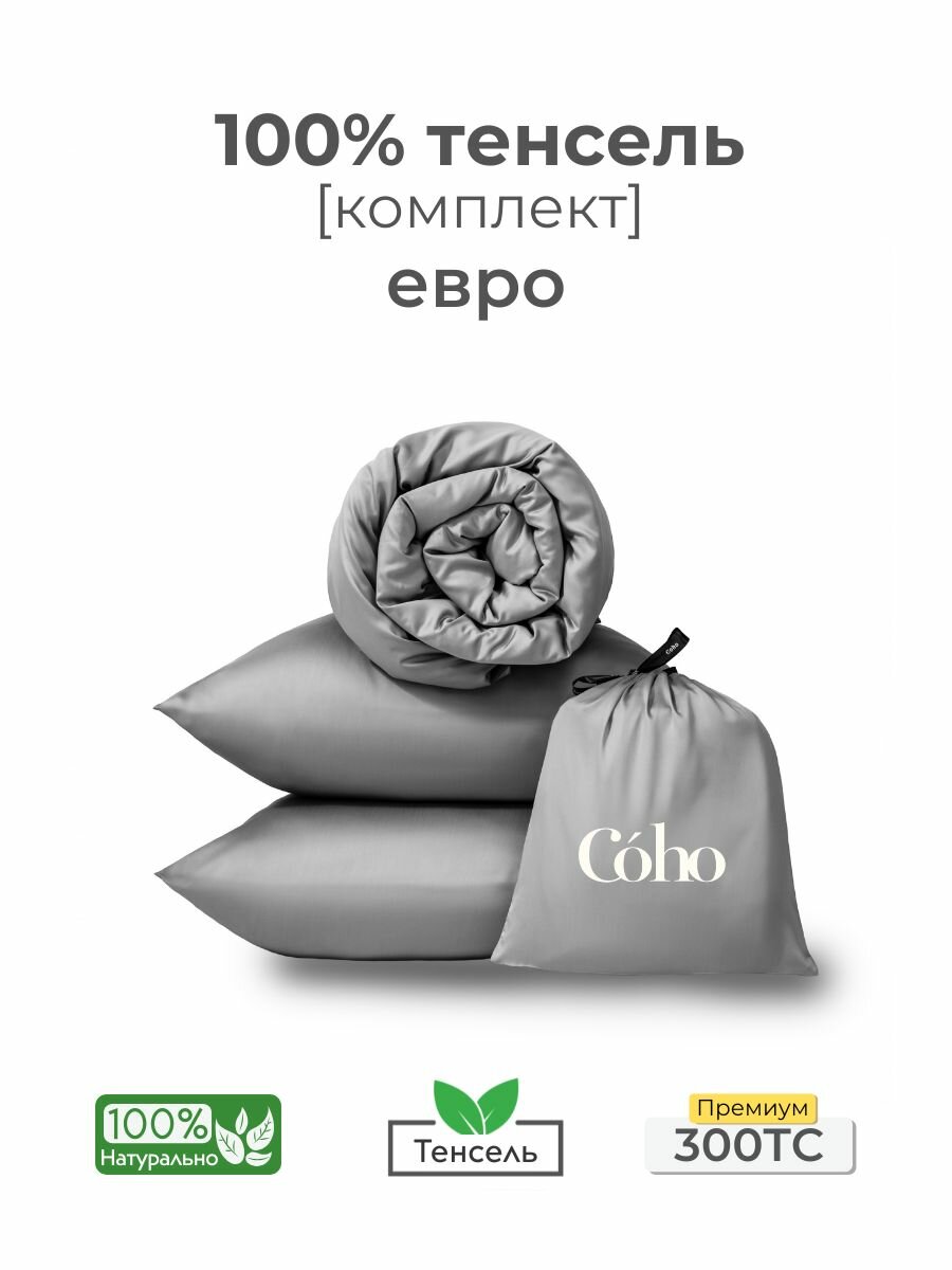 Комплект постельного белья, евро, 50x70, тенсель, светло-серый, Coho Home