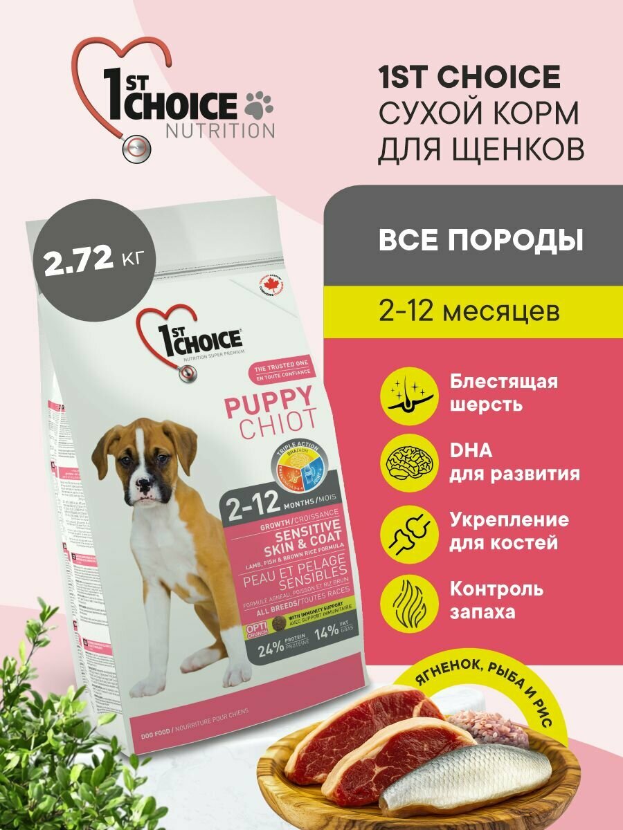 Корм для щенков всех пород сухой 1st Choice Здоровая кожа и шерсть на ягненке с рыбой и рисом, 2.72кг