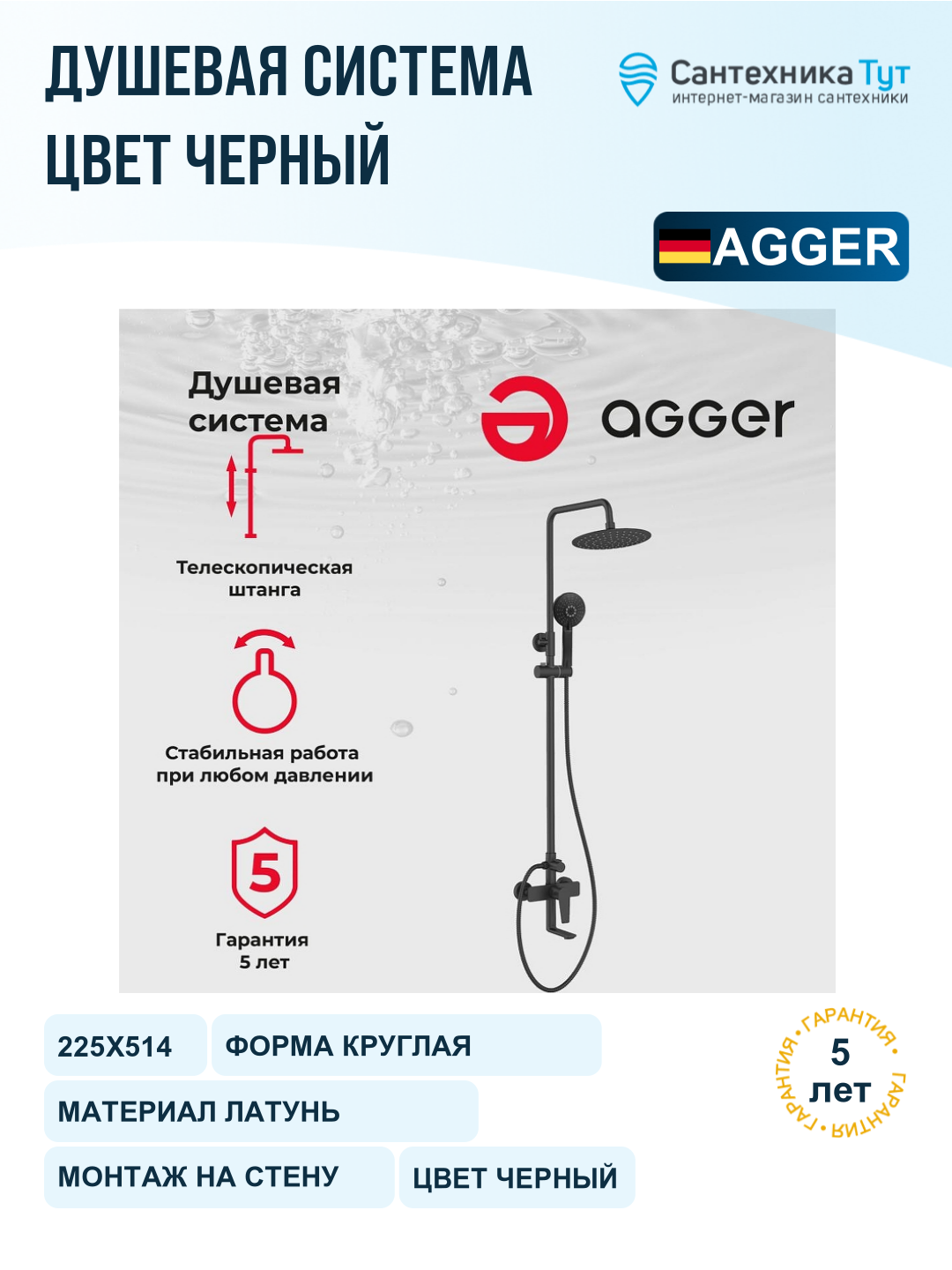 Душевая система Agger Brilliant A0393344 Черная матовая