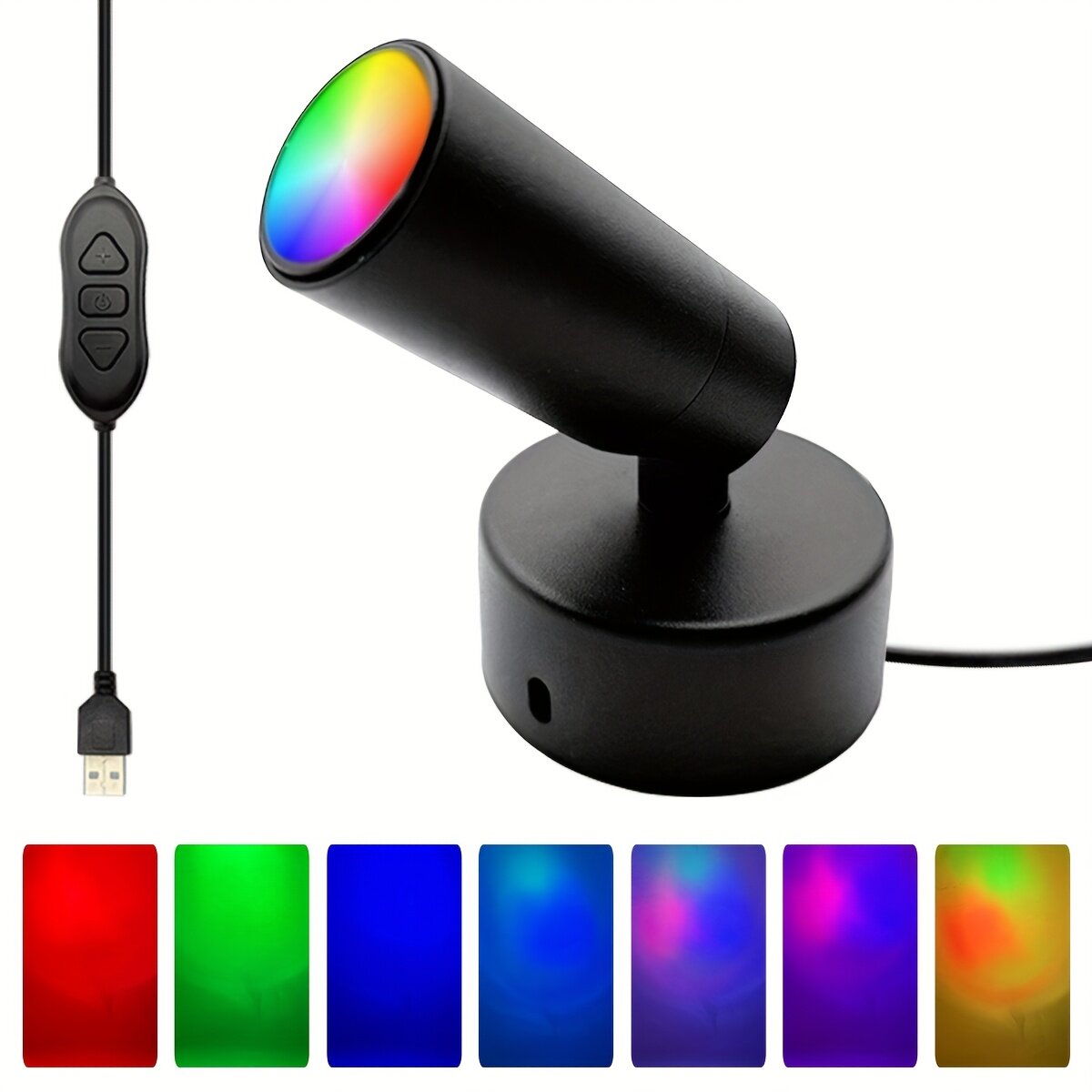 Металлический RGB прожектор для декоративного освещения интерьера с регулировкой яркости и угла наклона, питание от USB, динамическая смена 7 цветов, черный, 1 шт.