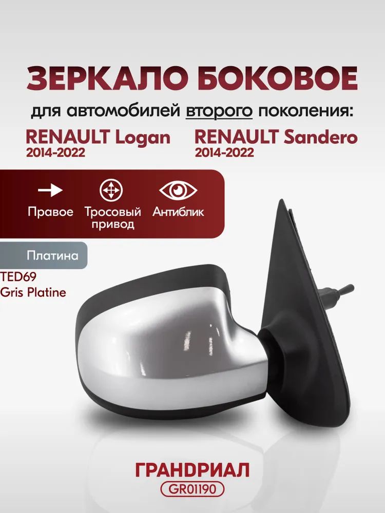 Зеркало боковое для а/м RENAULT Logan 2/ Sandero 2014 трос Платина правое в коробке (ГрандРиАл)