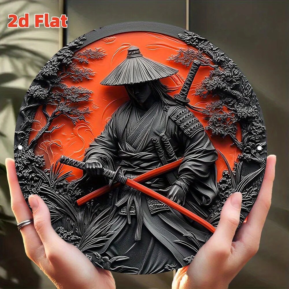 Винтажная Японская Металлическая Табличка С 3D-гравировкой: Самурайский Воин, Круглая Настенная Вывеска