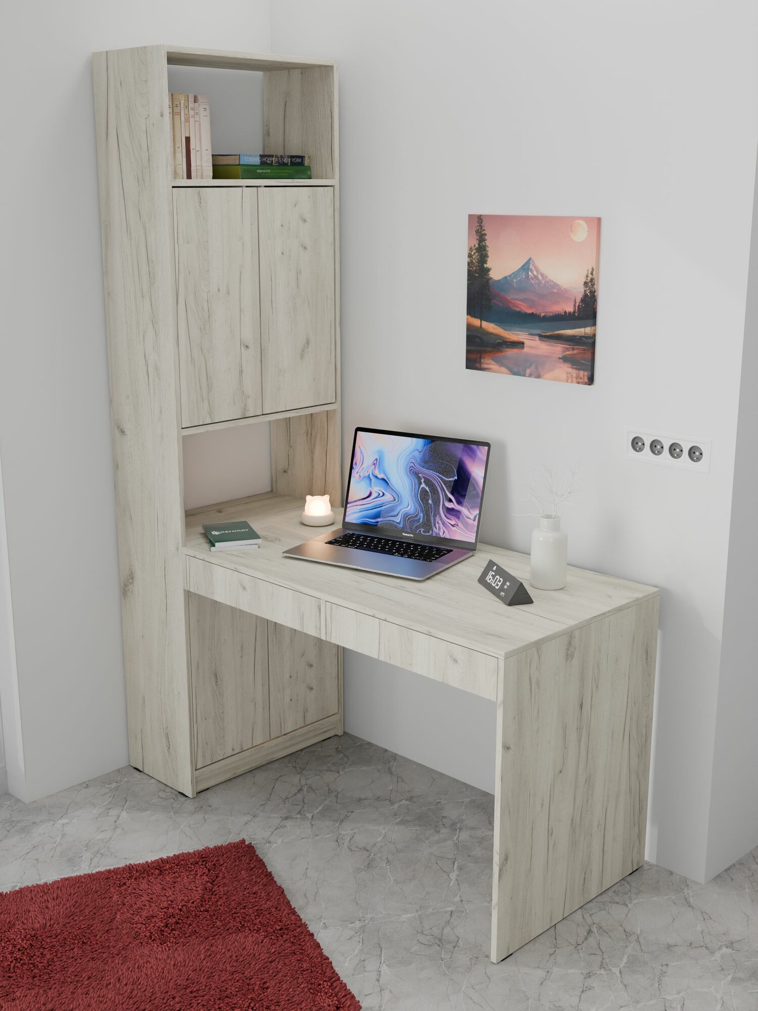 Изумлит Стол-стеллаж с дверьми письменный угловой, стеллаж слева 200х140х59.2 см, дуб крафт белый