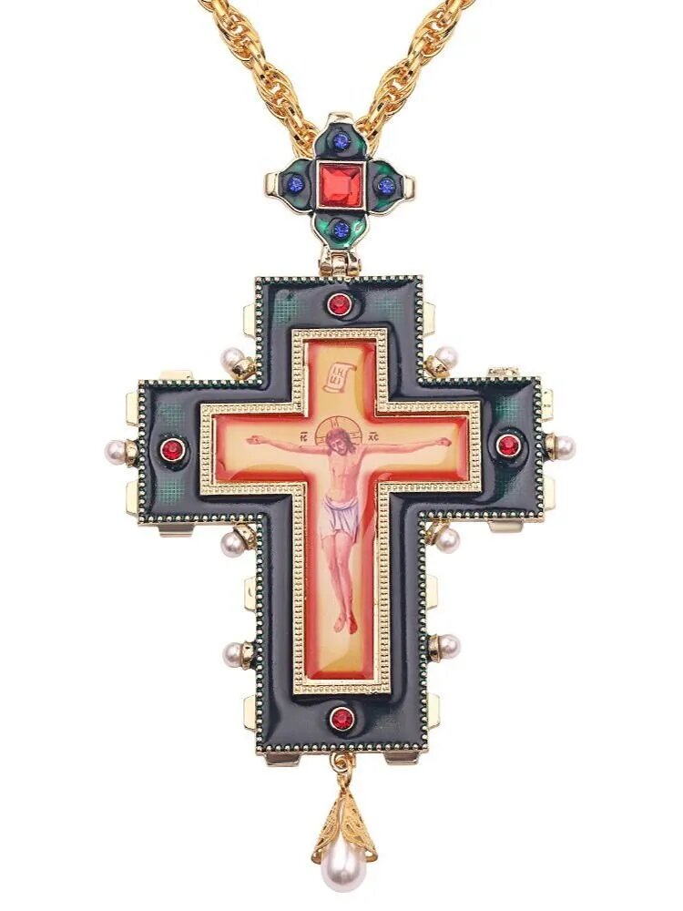 Крест наперсный «Воскресенский» золотистого цвета с распятием и цепочкой