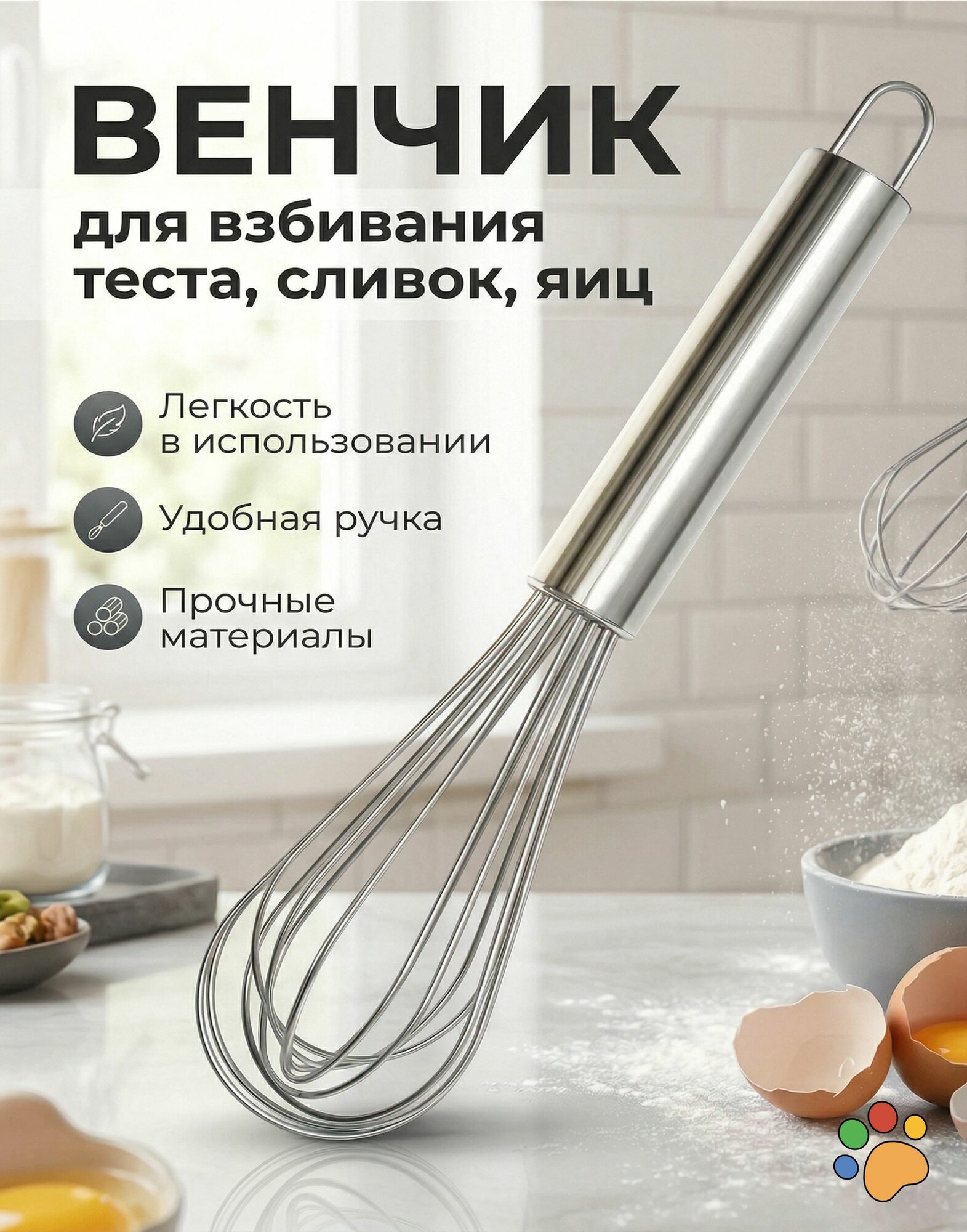 Венчик для взбивания теста, сливок, яиц, 25×5,5 см, цвет серебряный