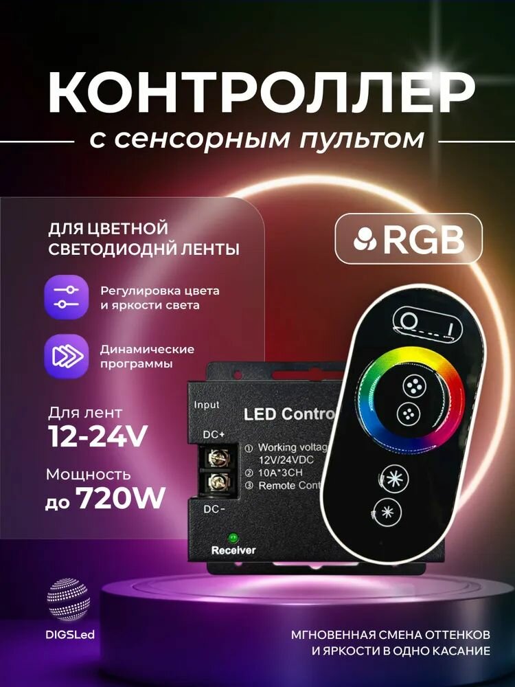 Контроллер RGB для светодиодной ленты сенсорный 12/24В с пультом