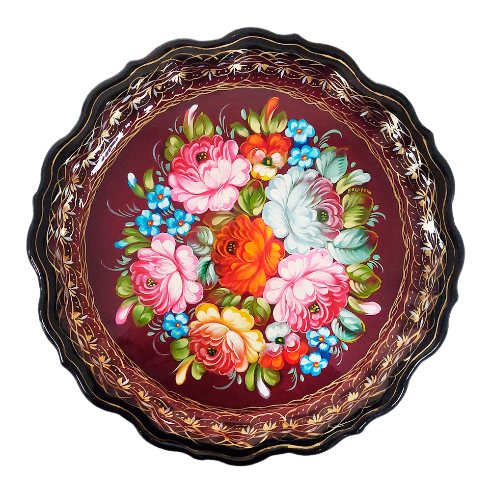 Поднос металлический, круглый "Цветочный вернисаж", жостово 37см.