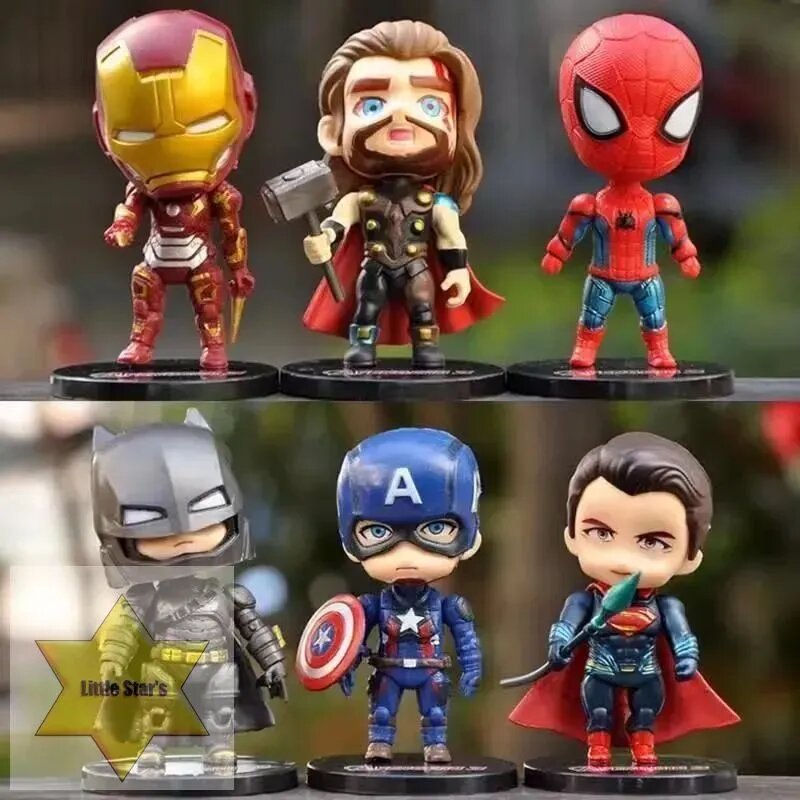 Набор фигурок 6 шт. Супергерои: Железный человек, Тор, Человек-паук, Бэтмен, Капитан Америка, Супермен - пластик