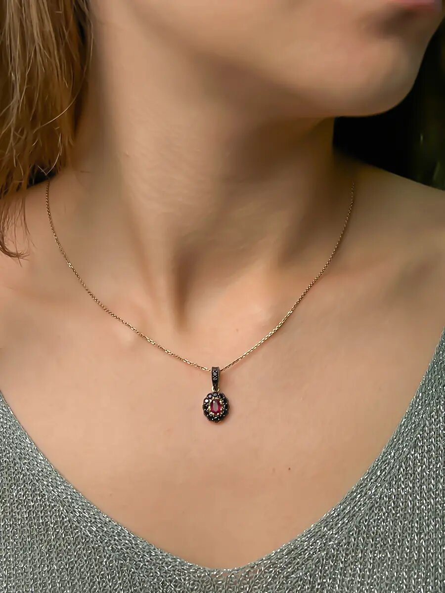 Подвеска, красное золото, 585 проба, чернение, шпинель, рубин