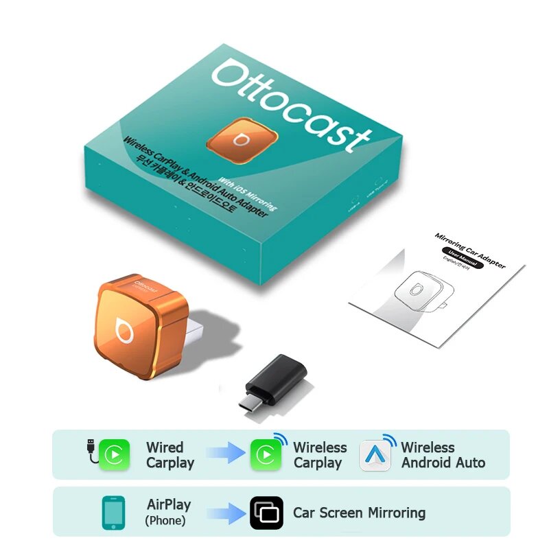 OTTOCAST MINI AIR Cube 4.0 Беспроводной адаптер CarPlay Android Auto 3-в-1 для дублирования экрана, автомобильные аксессуары для YouTube и TikTok