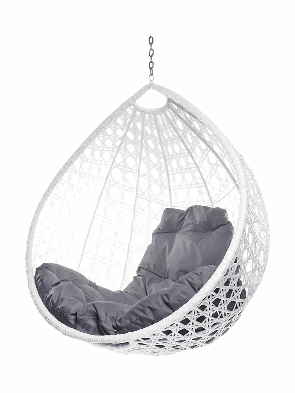 Подвесное кресло капля люкс (без стойки), с ротангом белое, серая подушка