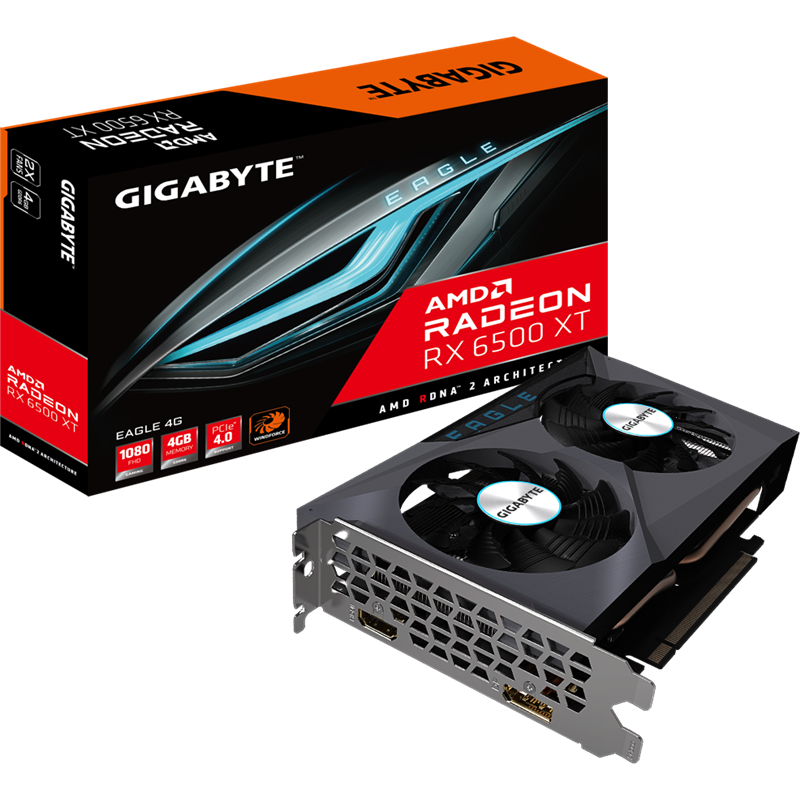 Видеокарта VGA GIGABYTE AMD RADEON RX 6500 XT EAGLE 4G 4GB, GDDR6/64-bit, PCIe 4.0, 1xHDMI 2.1, 1xDP, 2-slot (Gigabyte GV-R65XTEAGLE-4GD)