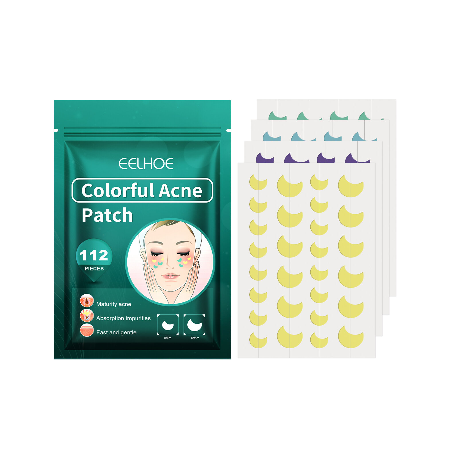 EELHOE 112 Patches Colorful Acne Patch Acne Removal Stickers Pimple Remover Tool Face Skin Care Day Night Use 2 sizes 12mm 8mm Material Hydrocolloid Shape Type Stars circles crescent moons clouds hearts