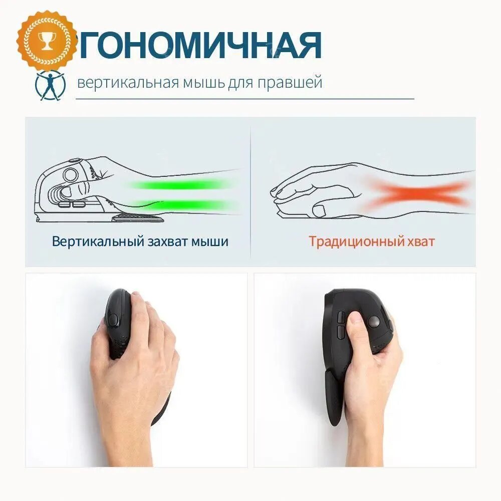 Беспроводная вертикальная мышь для правшей, черная, 6 кнопок, 4000 dpi