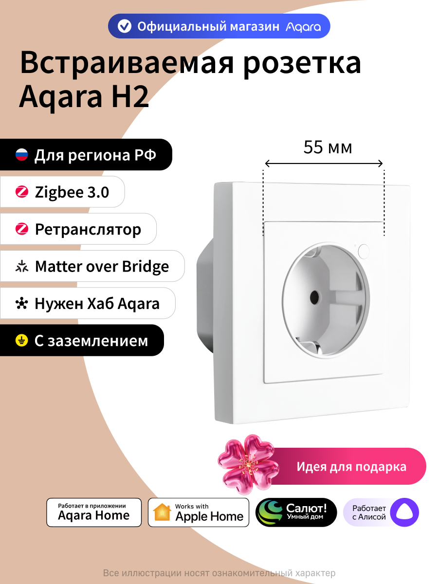 Умная встраиваемая розетка Aqara H2, WP-P01D, Zigbee 3.0, белый