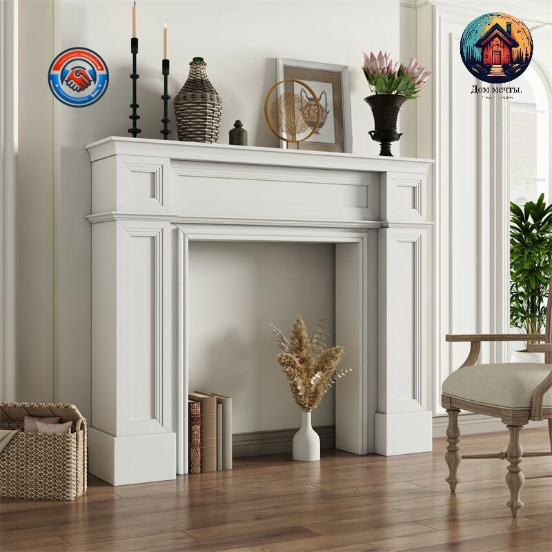 Декоративная каминная тумба-полка белая 90x20x100 см, ретро-шкаф для гостиной, прихожей или спальни, стеллаж в стиле камин, этажерка для книг и декора, мебель для хранения с каминной вставкой