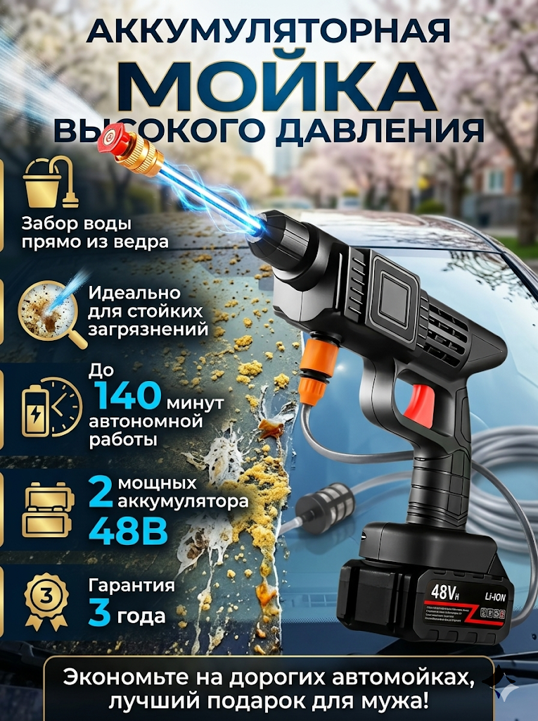 Мойка высокого давления HIOMEE, 1000Вт, портативная, аккумуляторная, с фильтром, в кейсе