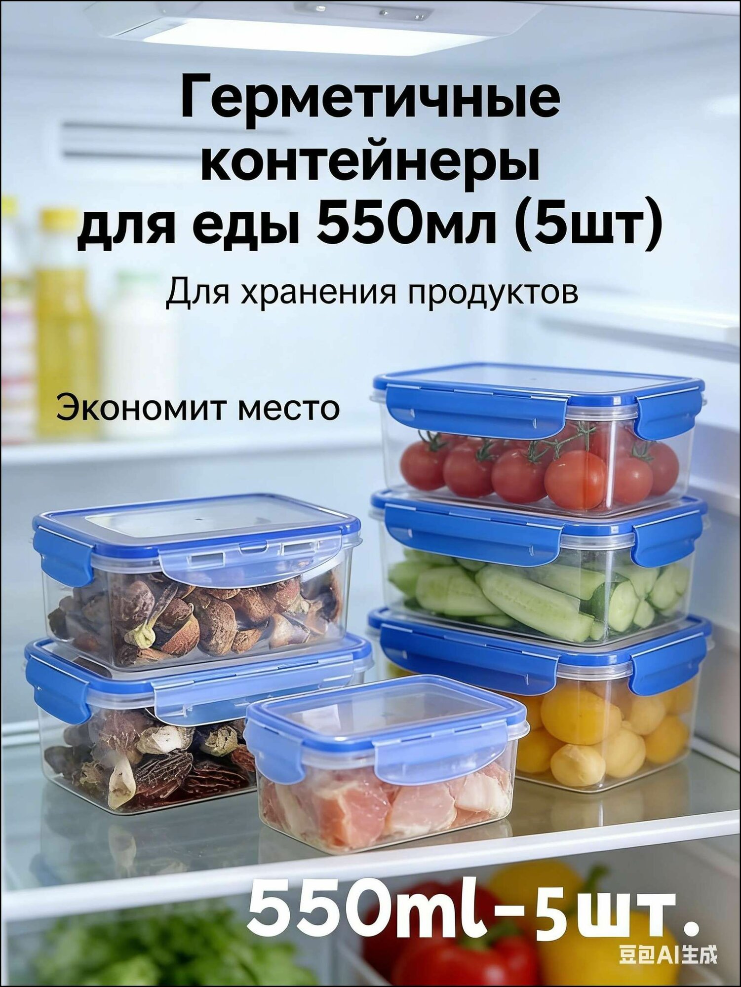 Набор пищевых контейнеров 550 мл, 5 шт для хранения еды, СВЧ, морозилки, BPA Free, с крышками
