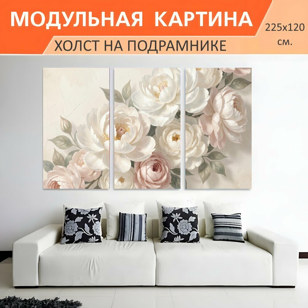 Модульная картина на холсте "Нежные цветы на светлом фоне. Пастельная цветочная композиция с крупными бутонами и зелёными листьями на." триптих на подрамнике 225х120 см. для интерьера