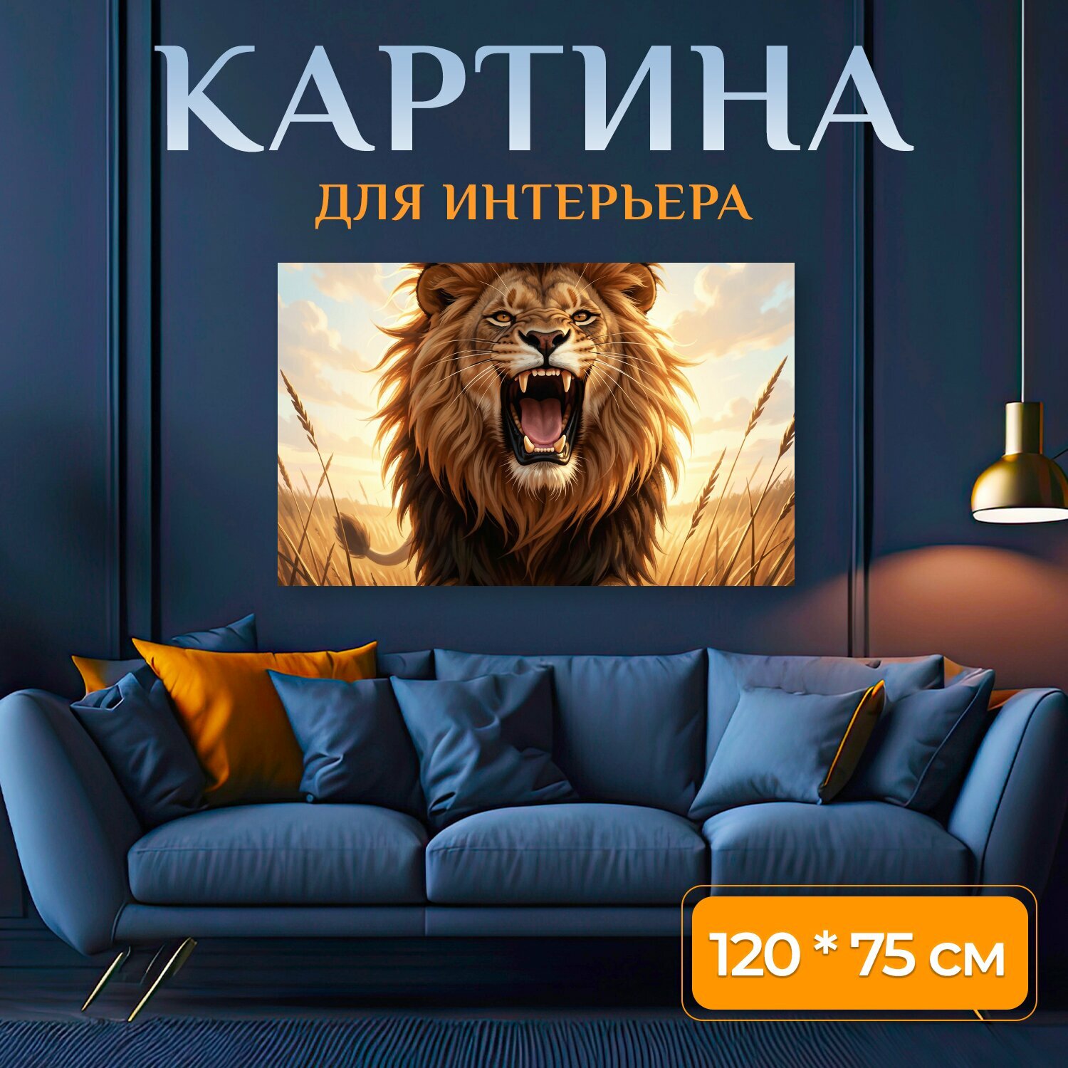 Картина на холсте "Рык царя саванны. Могучий хищник с пышной гривой, распахнутой пастью и острыми клыками среди высокой травы. Тёплые золотые." на подрамнике 120х75 см. для интерьера