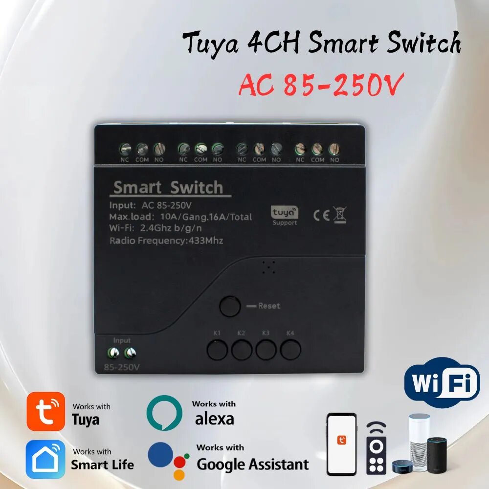 Черный модуль реле tuya 4-канальный AC 85-250V с управлением WIFI+RF433 для умных автоматизированных домов.