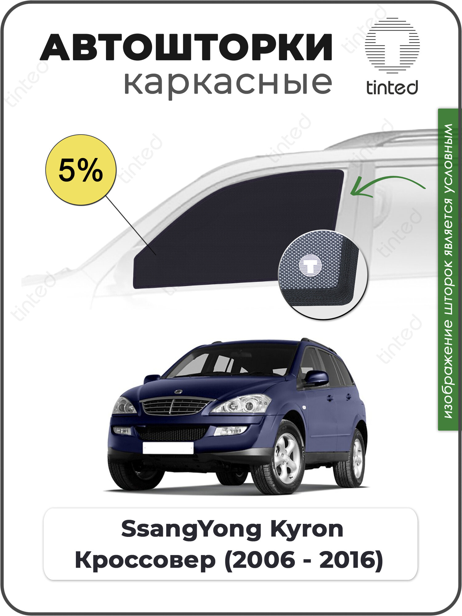 Шторки на автомобиль солнцезащитные SsangYong Kyron Кроссовер 5дв. (2006 - 2016) на передние двери 5%, сетки от солнца в машину ссангйонг кайрон, Каркасные автошторки Premium