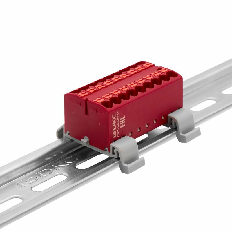 Блок распределительный с горизонт. адаптером на рейку шир. 35мм зажим push-in 18 точек подключения 2.5кв. мм красн. DKC DTP1-018-04SPUR-H