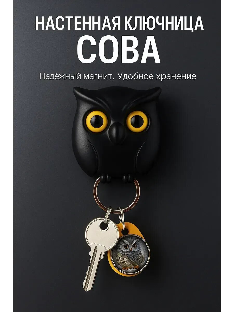 Настенная ключница Сова чёрная магнитная для ключей