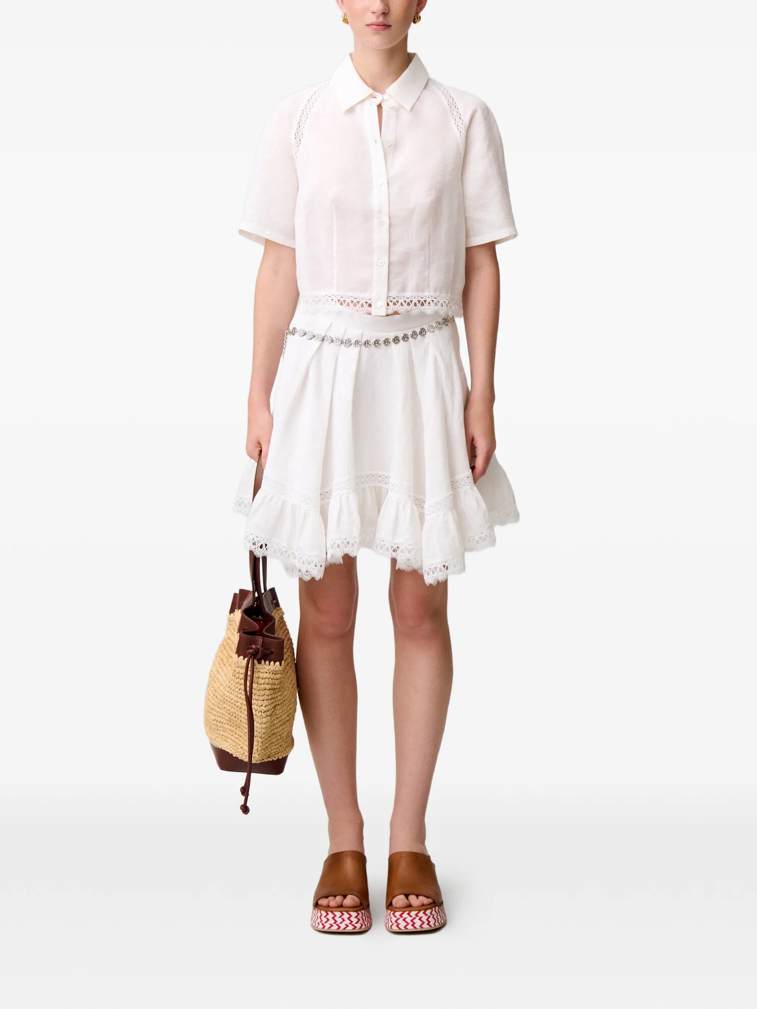 Рубашка CLAUDIE PIERLOT Lace-trim shirt, размер 34, бежевый/белый — фото 1
