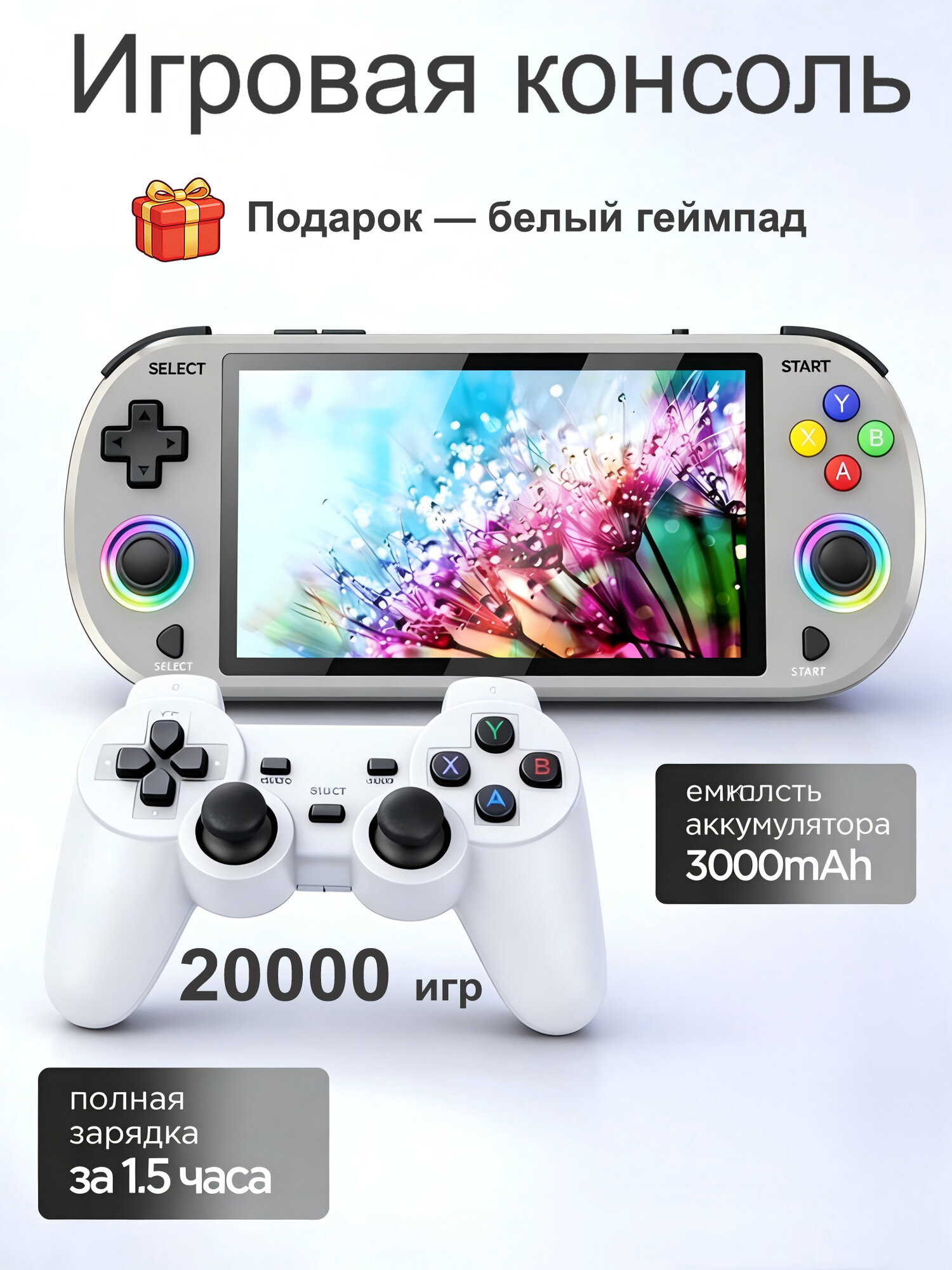Игровая консоль PS1 5" HD с HDMI, 20000 игр (PS1) + белый беспроводной геймпад в подарок