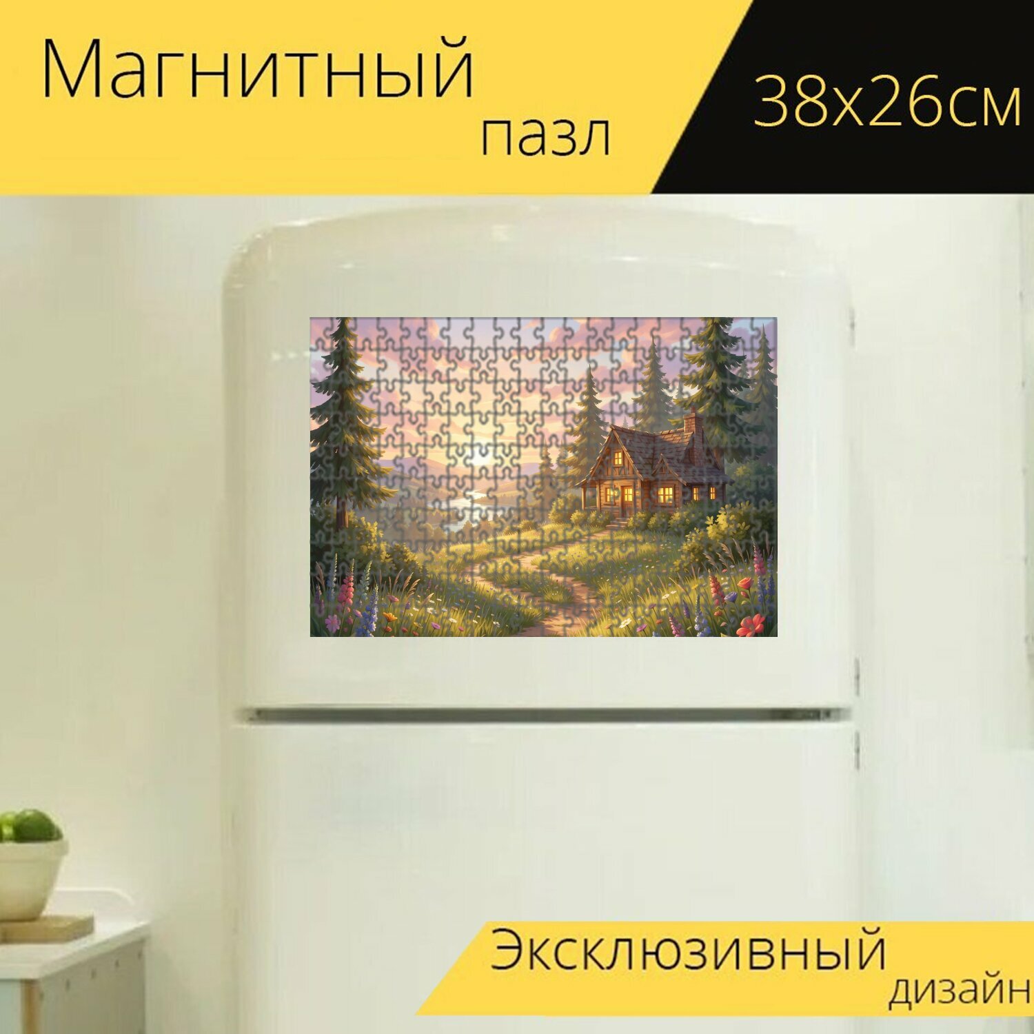Магнитный пазл "Домик в лесу на закате. Уютный деревянный коттедж среди елей и цветущего луга, извилистая тропа к реке, мягкое закатное сияние, пастельные." для интерьера, 38х26 см.