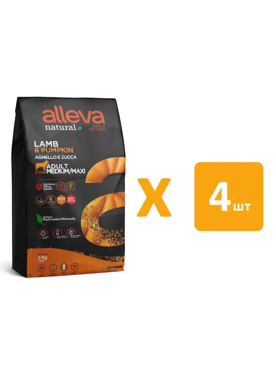 Корм сухой Alleva Natural Adult Dog Medium/Maxi Lamb & Pumpkin низкозерновой для взрослых собак средних и крупных пород, ягненок, тыква, 2 кг 4 шт