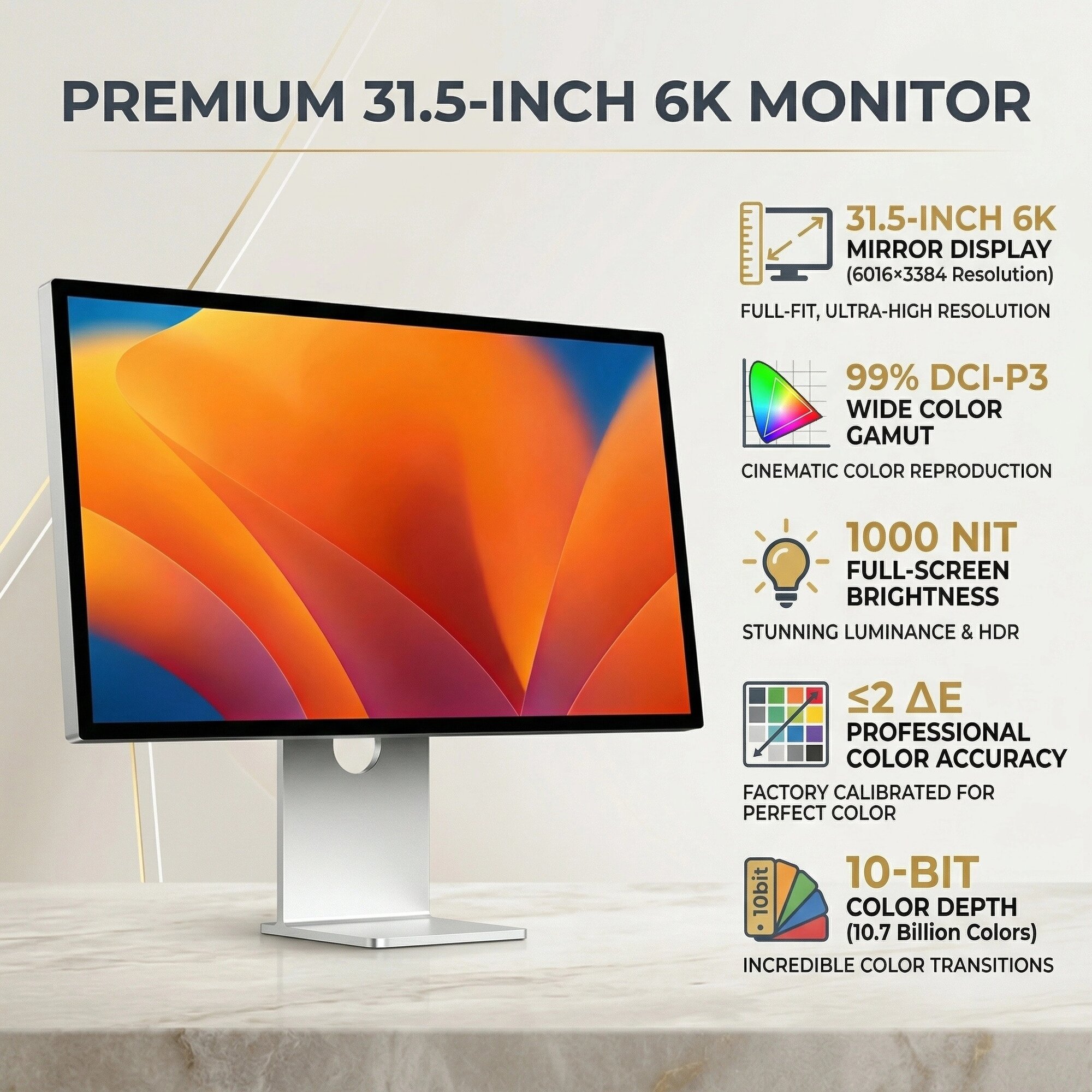 31.5" 6K HDR1000 монитор с глянцевым экраном, 99% DCI-P3, 10 бит, ΔE<2 – идеален для творчества!