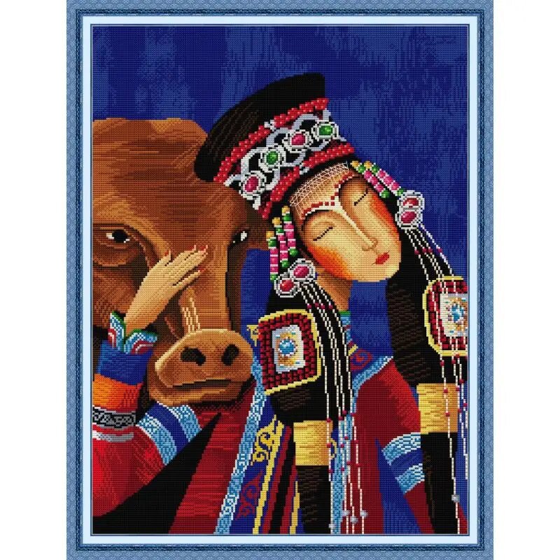 Набор для вышивки крестом Joy Sunday Тибетская девушка и корова 14CT Unprinted