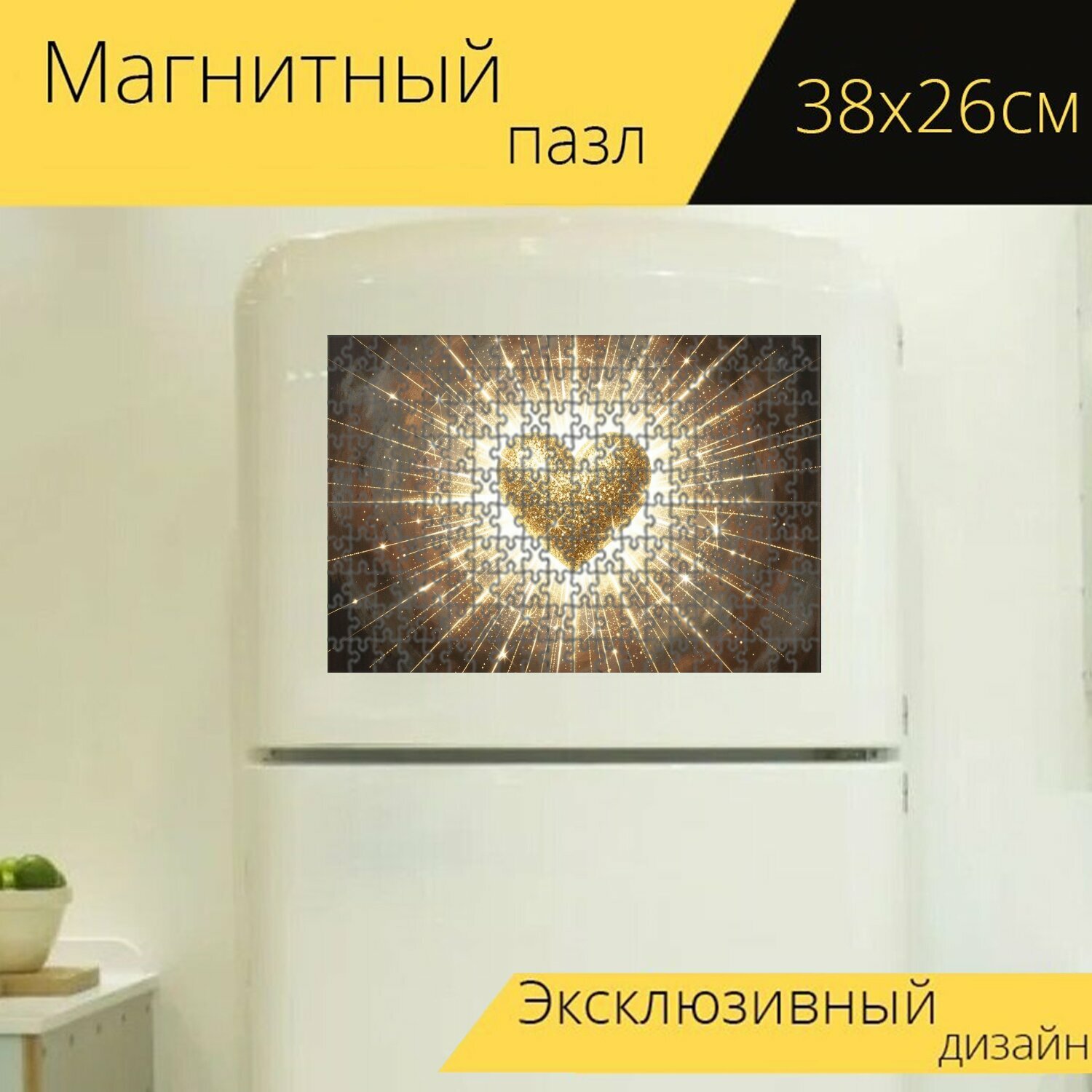 Магнитный пазл "Золотое сияющее сердце. Блестящий символ любви в центре ослепительного светового взрыва. Абстрактная композиция с лучами, искрами и." для интерьера, 38х26 см.