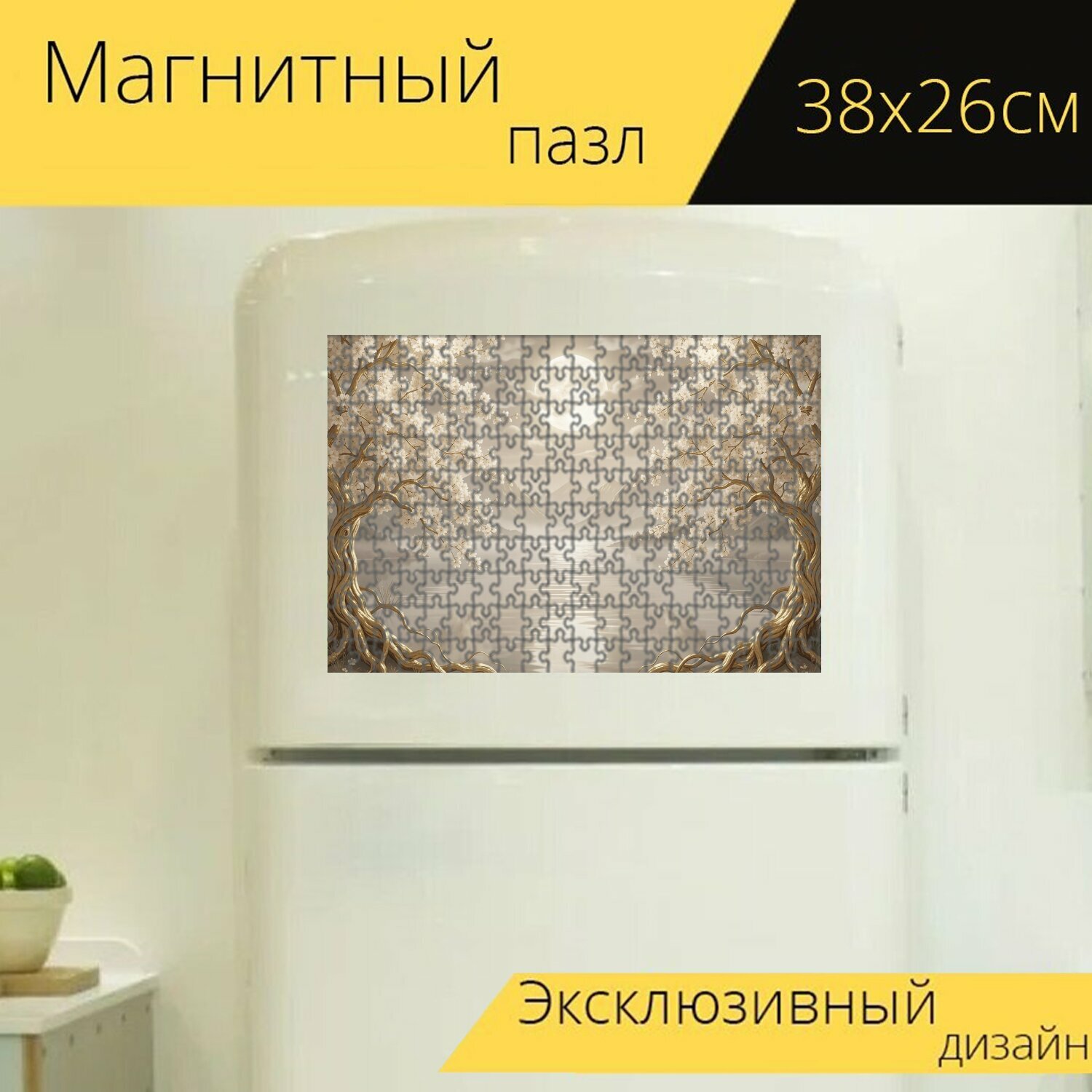 Магнитный пазл "Лунная сакура над озером. Светящаяся полная луна, цветущие деревья с золотистыми ветвями, спокойная водная гладь, туманные горы и облака." для интерьера, 38х26 см.